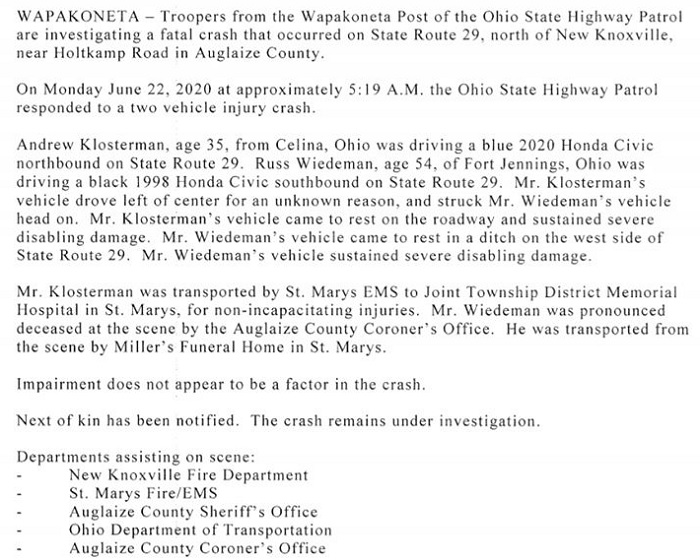 Celina Man Involved In Auglaize County Fatal Crash – Mercer County Outlook