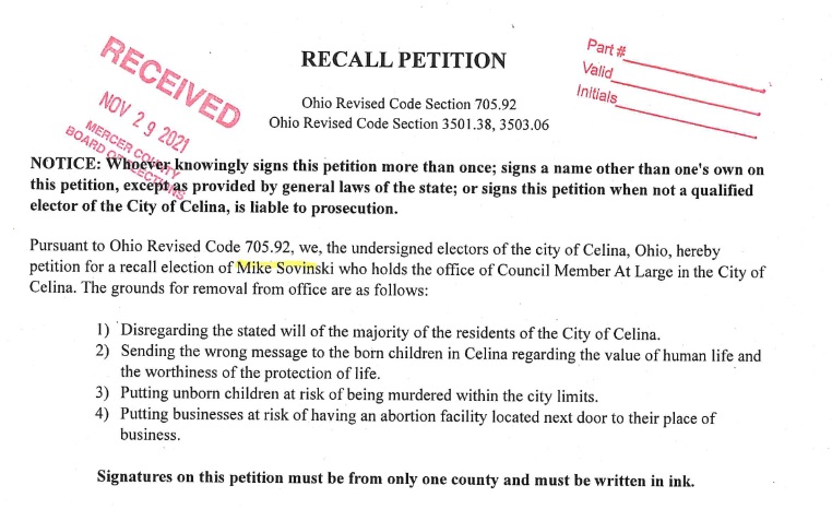 Celina City Council Recall Petition Process Update – Mercer County Outlook