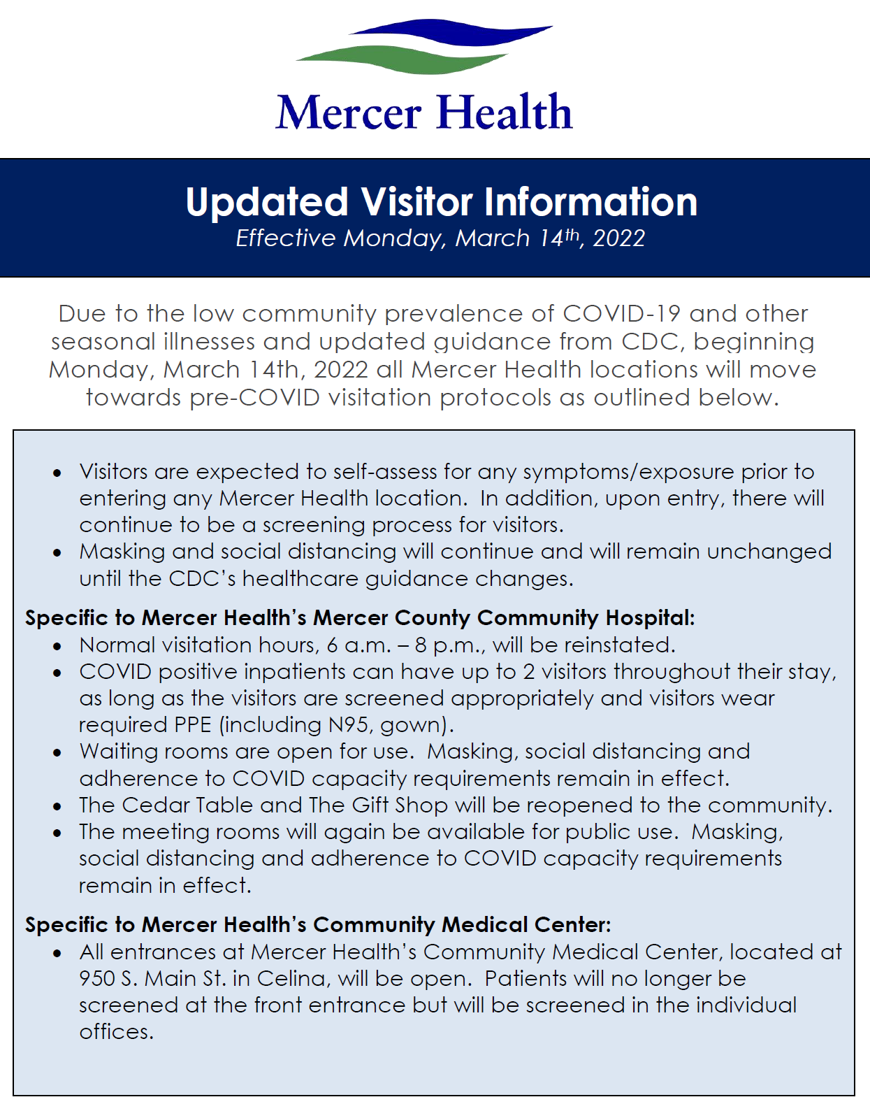 Mercer Health Updates Visitor Information – Mercer County Outlook