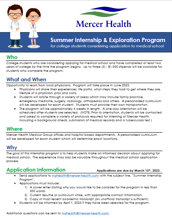 Mercer Health’s Medical Staff Offering Summer Internship & Exploration ...