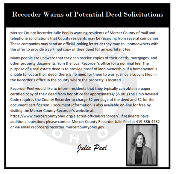 Mercer County Recorder Warns Of Potential Deed Solicitations – Mercer ...