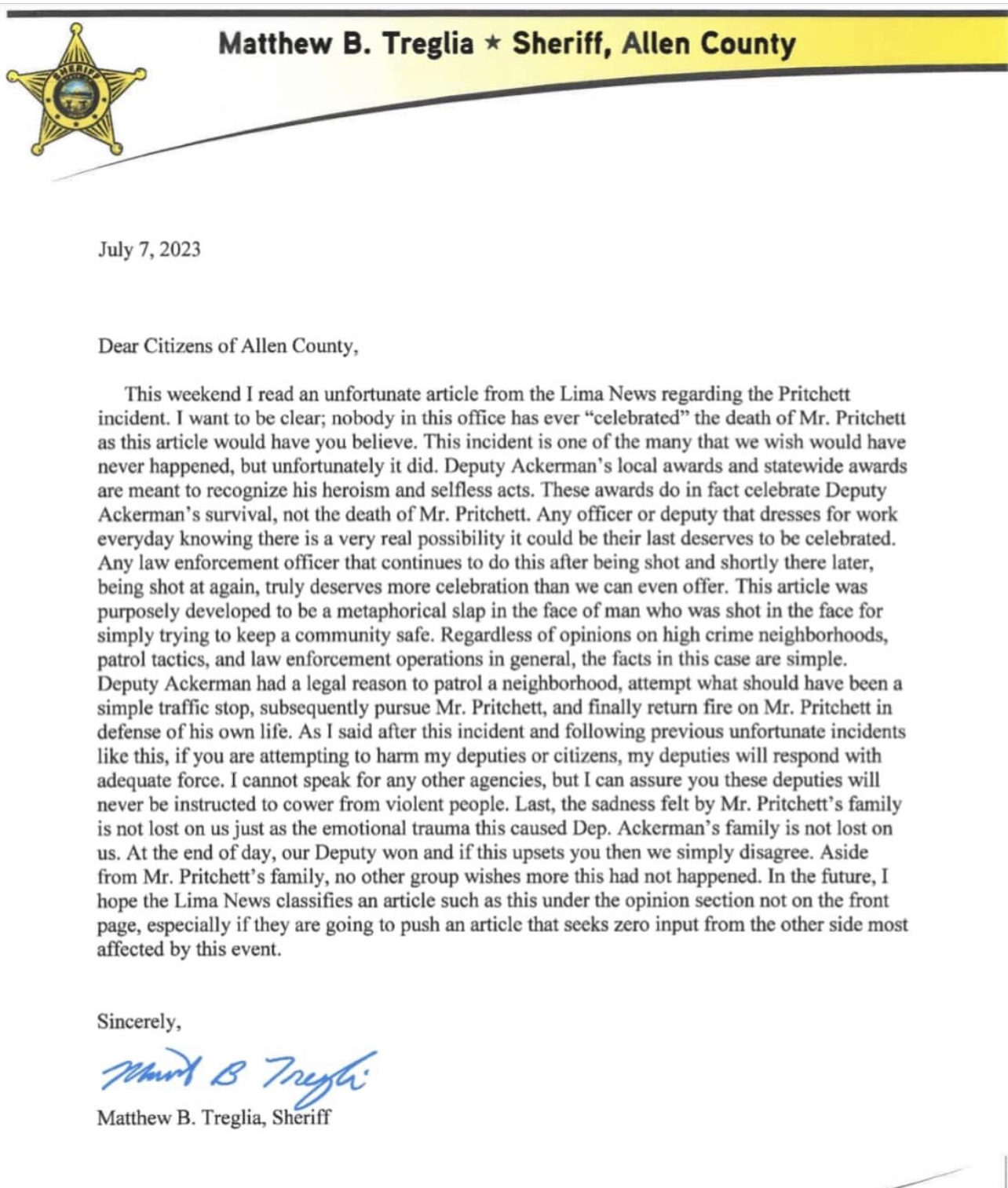 Allen County (Ohio) Sheriff Responds To Lima News Story Related To ...