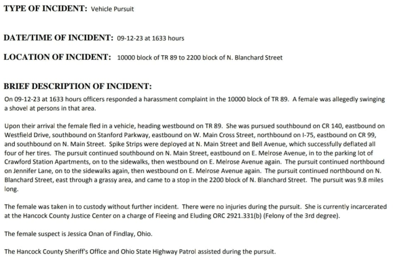 Findlay Police In 10 Mile Pursuit With ‘Shovel Swinging’ Woman – Mercer ...