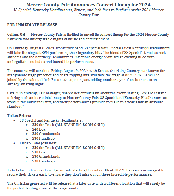 Mercer County Fair Announces 2024 Concert Lineup – Mercer County Outlook