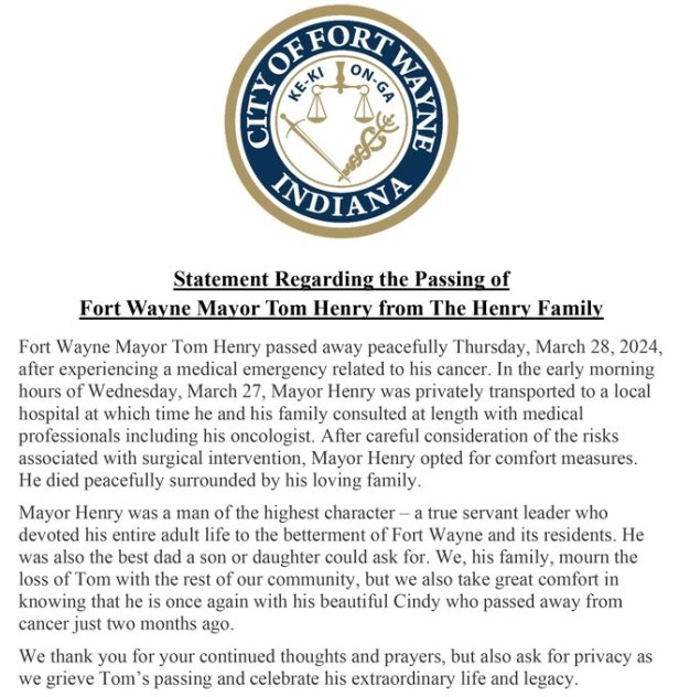 Ft. Wayne Mayor Passes Away After Battle With Cancer – Mercer County ...