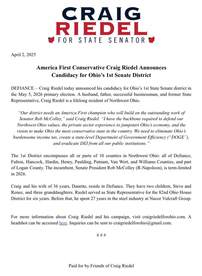 Riedel Announces Run For State Senate – Mercer County Outlook