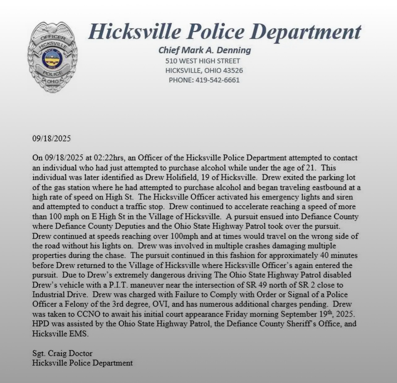 Pit Maneuver Ends Hicksville Police Pursuit – Mercer County Outlook