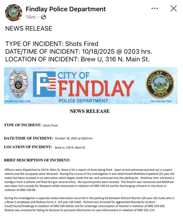 Shots Fired Incident In Findlay – Mercer County Outlook