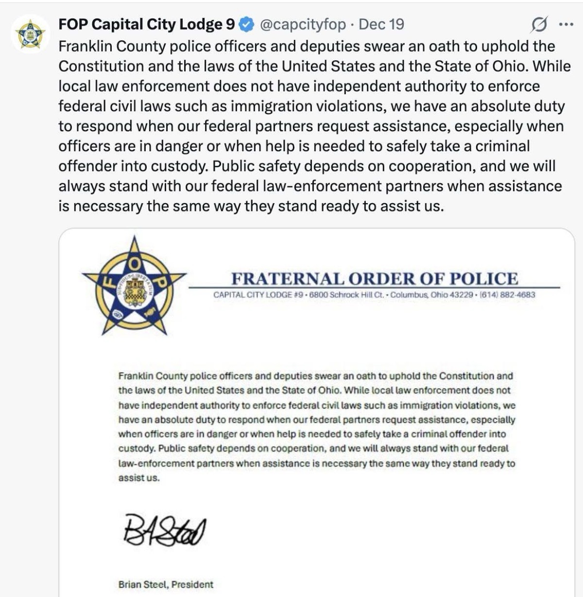 Ohio State Auditor Statement Of Support For Columbus Law Enforcement ...