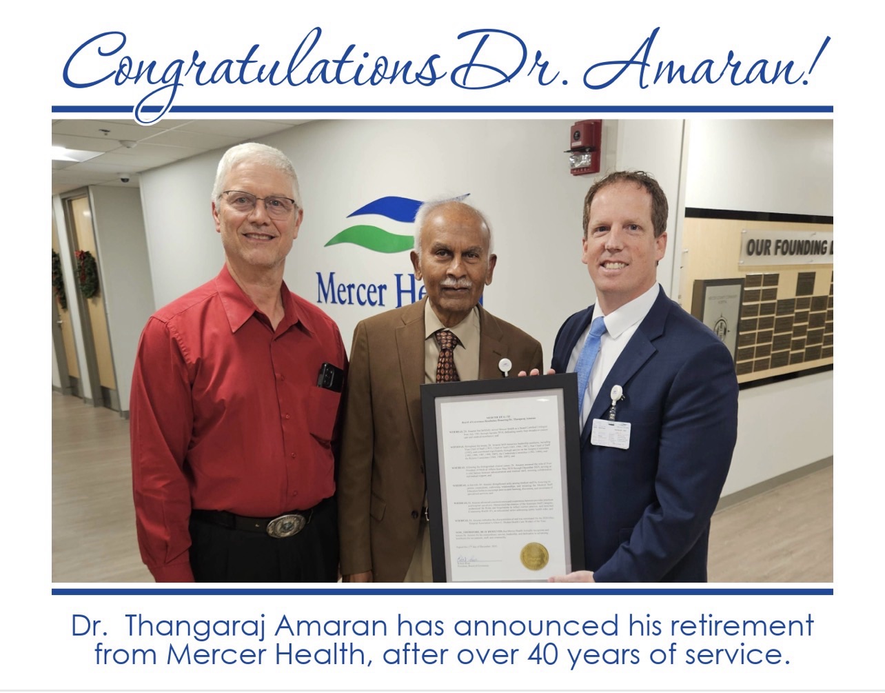 Mercer Health announces the retirement of Dr. Thangaraj Amaran, Vice ...