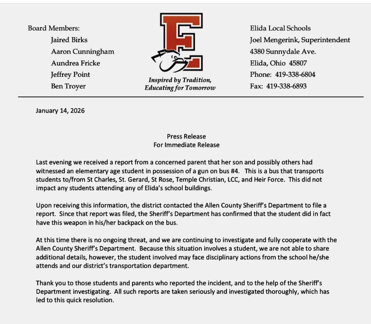 8 Year Old Student On Elida School Bus Had Possession Of Firearm ...