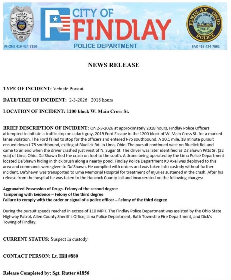 Lima Man Arrested After Chase On I-75…From Findlay To Lima – Mercer ...