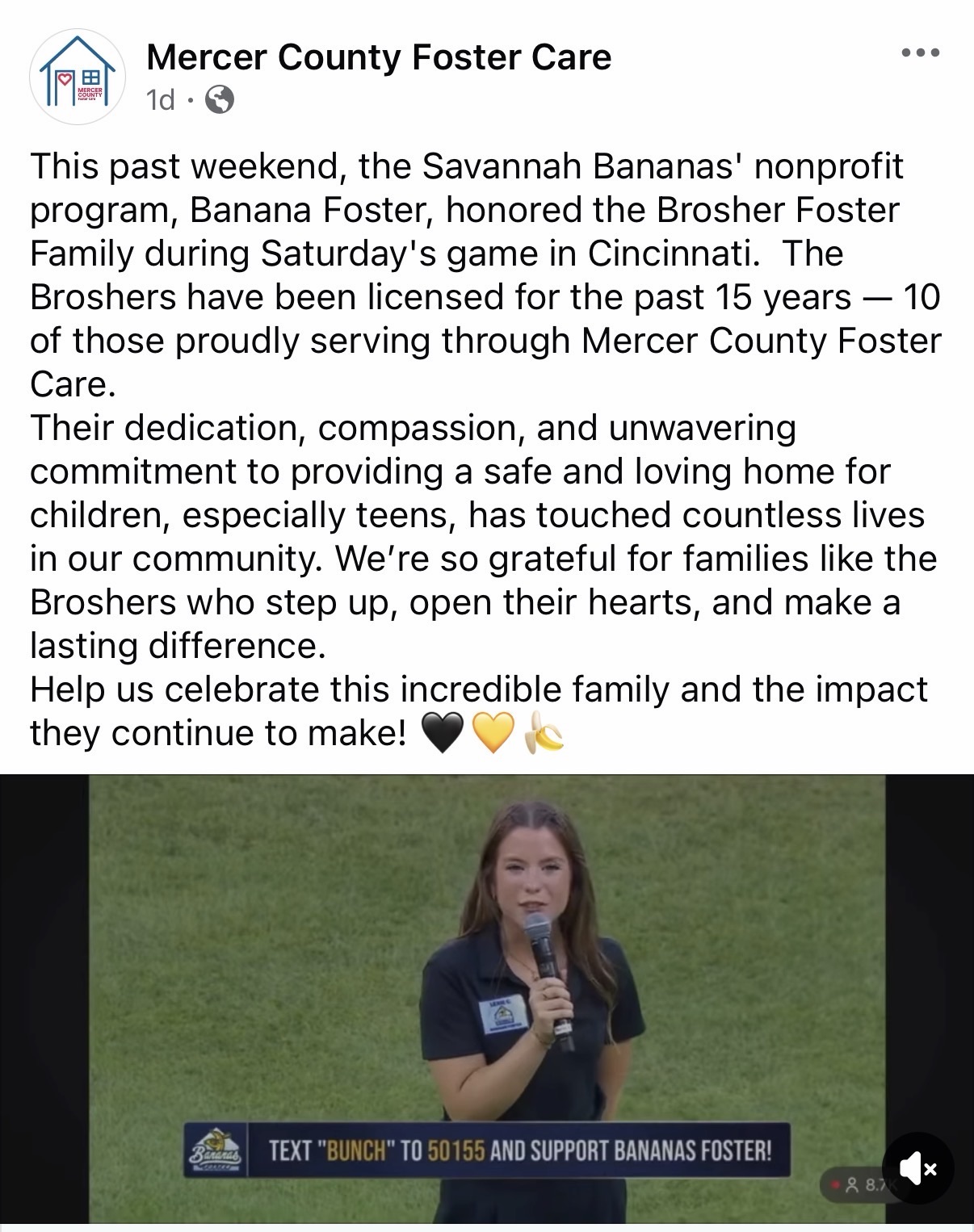 Savannah Bananas Honor Brosher Family – Mercer County Outlook